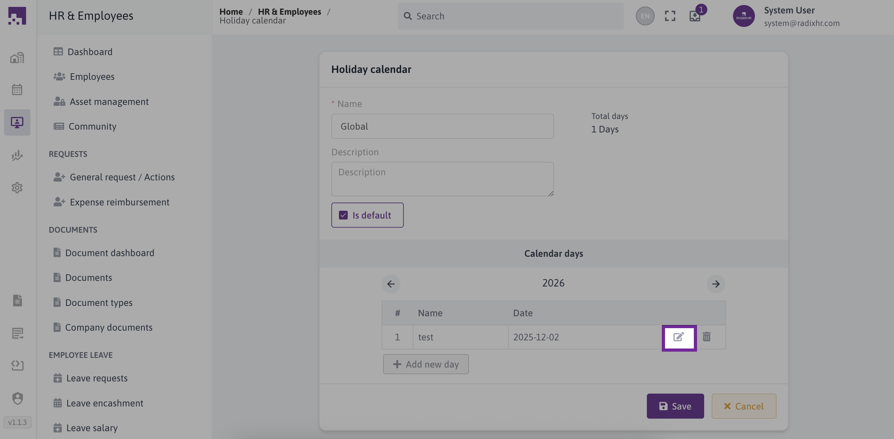 Holiday Calendar | RadixHR Documentation